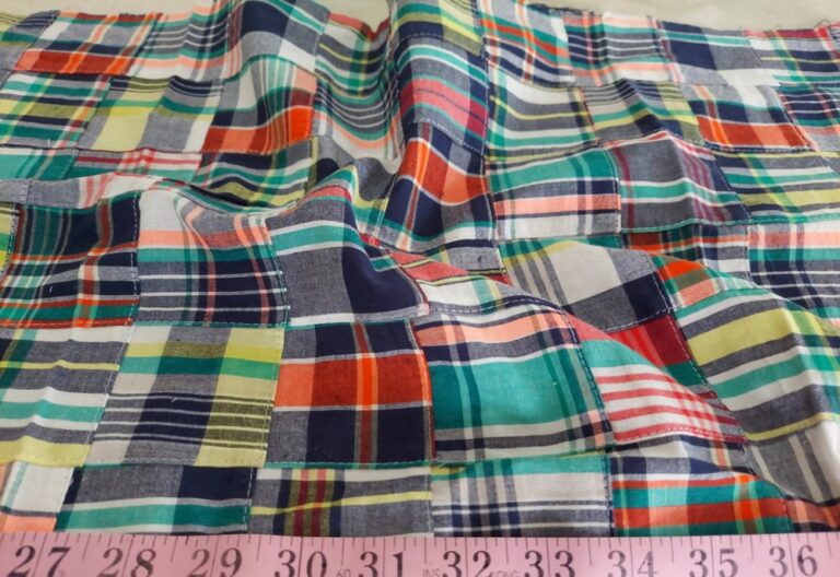 Patchwork Madras Fabric in green, black, yellow and red plaids